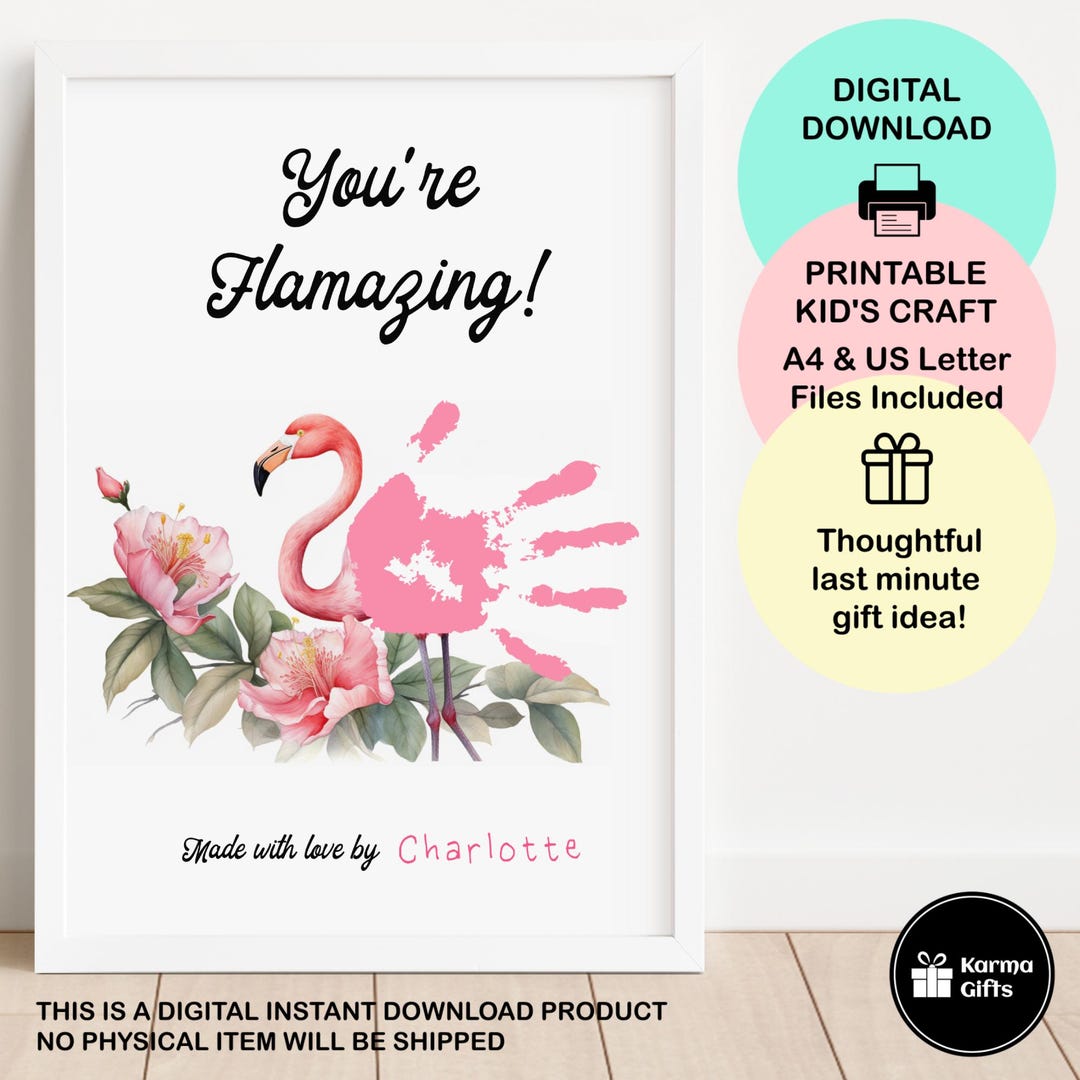 Printable Handprint Art Gift, Pink Flamingo, Kid's Craft, Last Minute ...