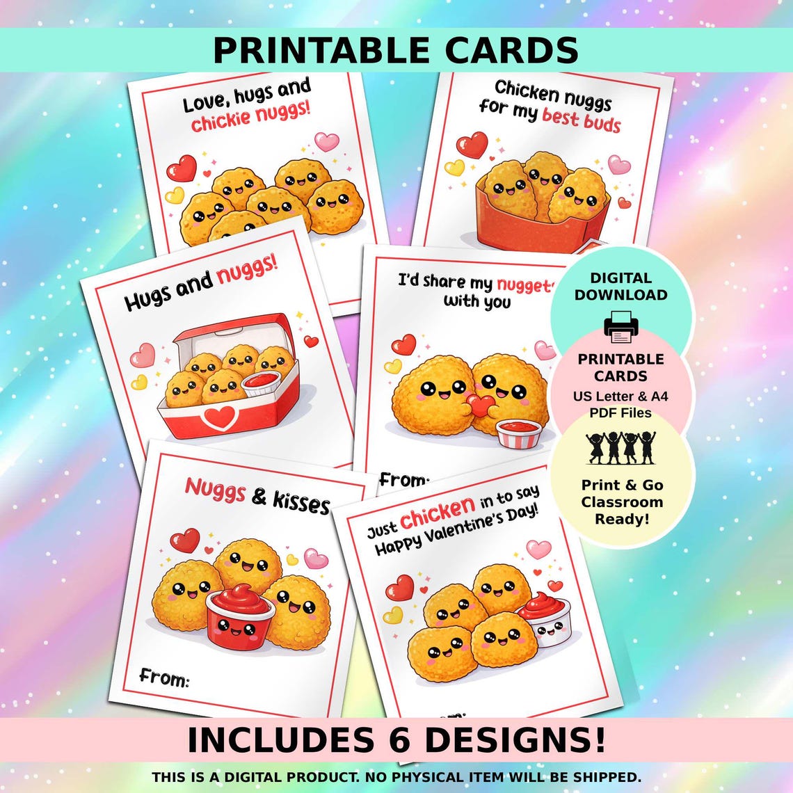 Chicken Nugget Valentines Cards for Kids, Cute Funny Fast Food Puns ...