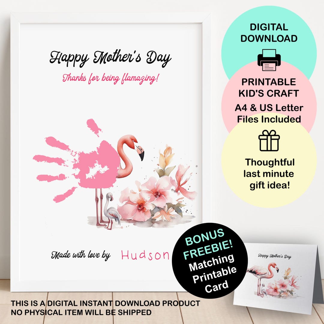 Printable Mother's Day Handprint Art Gift, Pink Flamingo, Kid's Craft ...