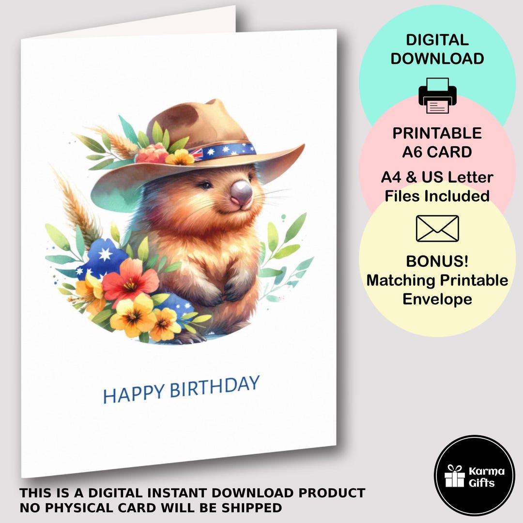 Printable Wombat Birthday Card, Aussie Animal Wildlife Card, Australian ...