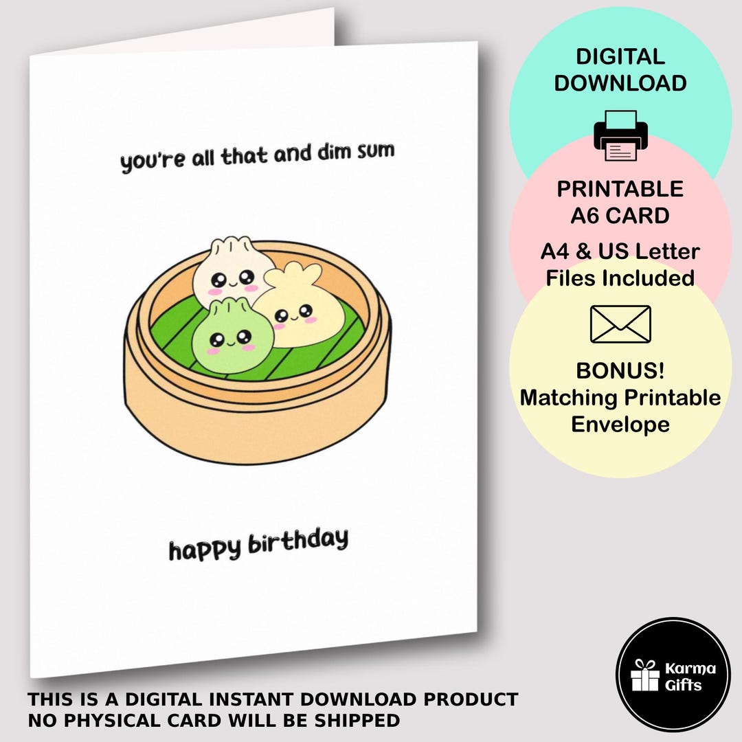 Printable Dim Sum Pun Birthday Card, Funny Kawaii Food Lovers Card ...