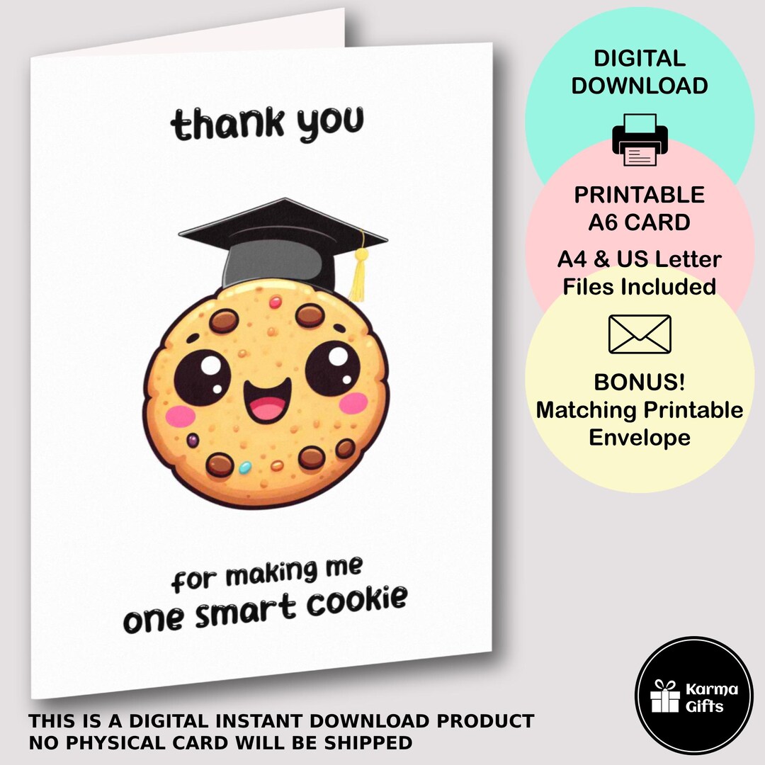 Printable Teacher Thank You Card, Funny Cute Smart Cookie Card, Instant ...