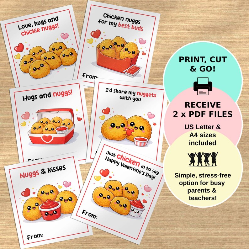 Chicken Nugget Valentines Cards for Kids, Cute Funny Fast Food Puns ...