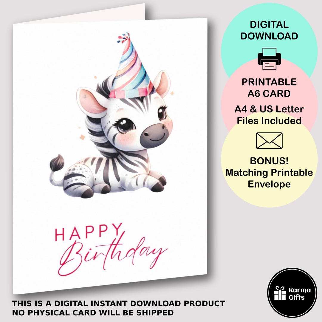 Printable Kid's Zebra Birthday Card, Cute A6 Greeting Card for Kids ...