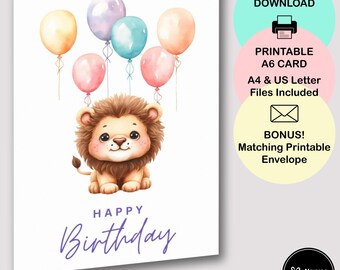 Printable Kid's Lion Birthday Card, Cute A6 Greeting Card for Kids ...