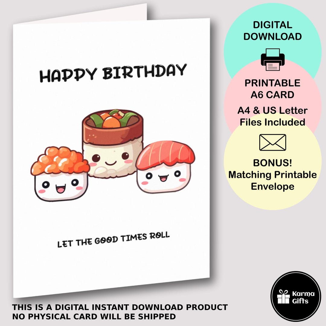 Printable Sushi Birthday Card, Cute Sushi A6 Greeting Card, Bonus ...