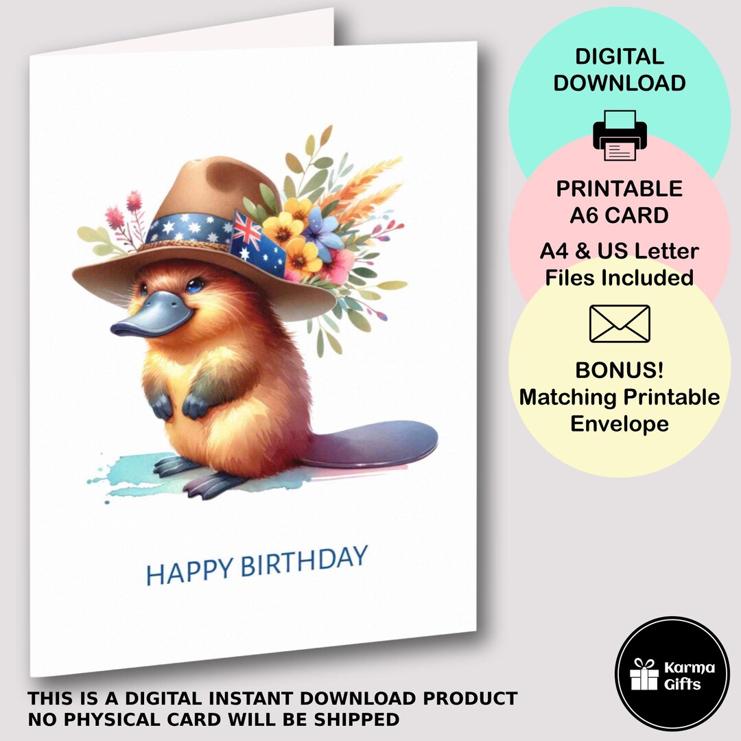 Printable Platypus Birthday Card, Aussie Animal Wildlife, Australian A6 ...