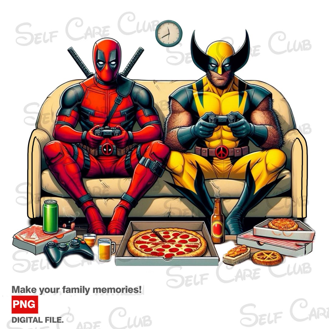 Deadpool & Wolverine Playing Playstation Eating Pizza PNG, Gaming ...
