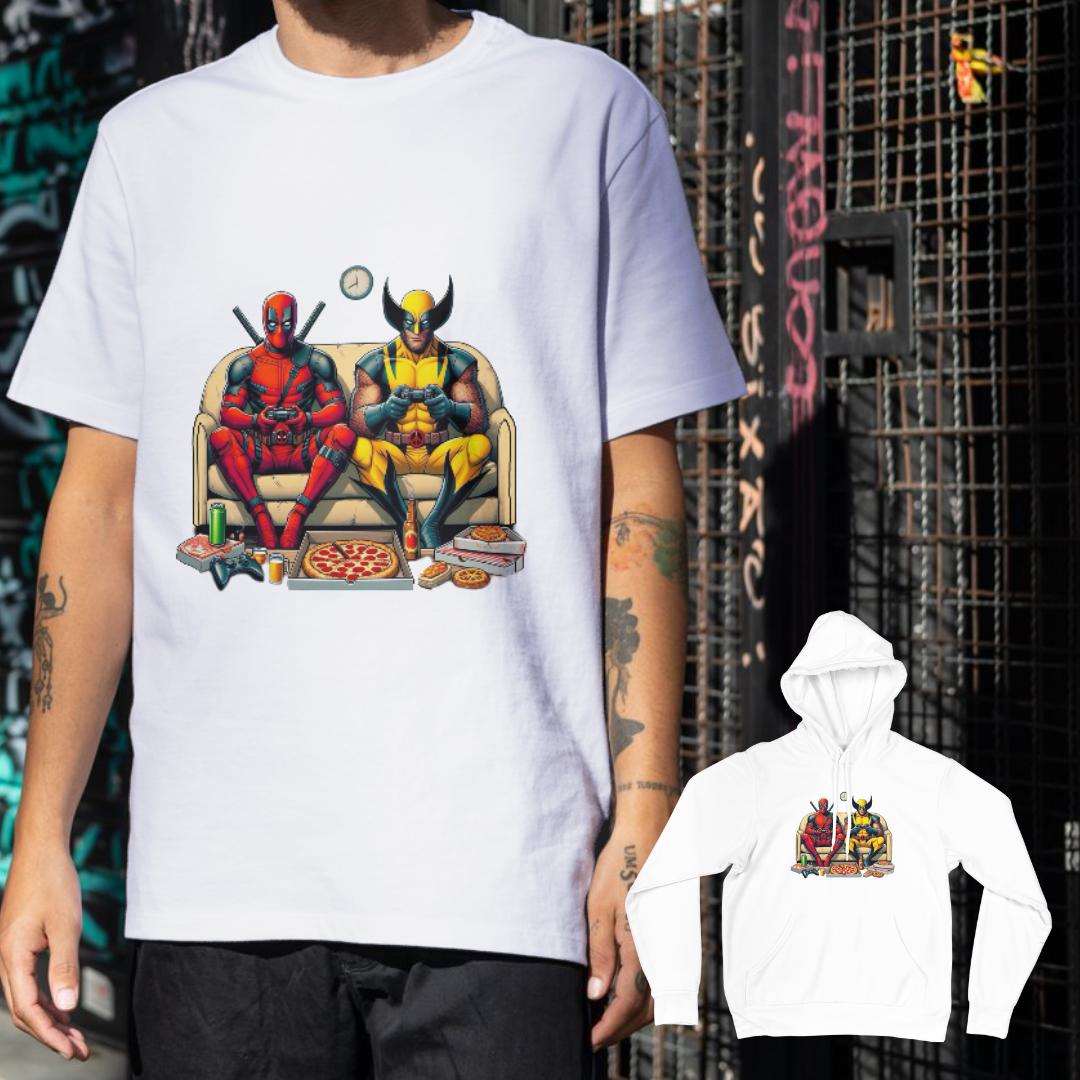 Deadpool & Wolverine Playing Playstation Eating Pizza PNG, Gaming ...