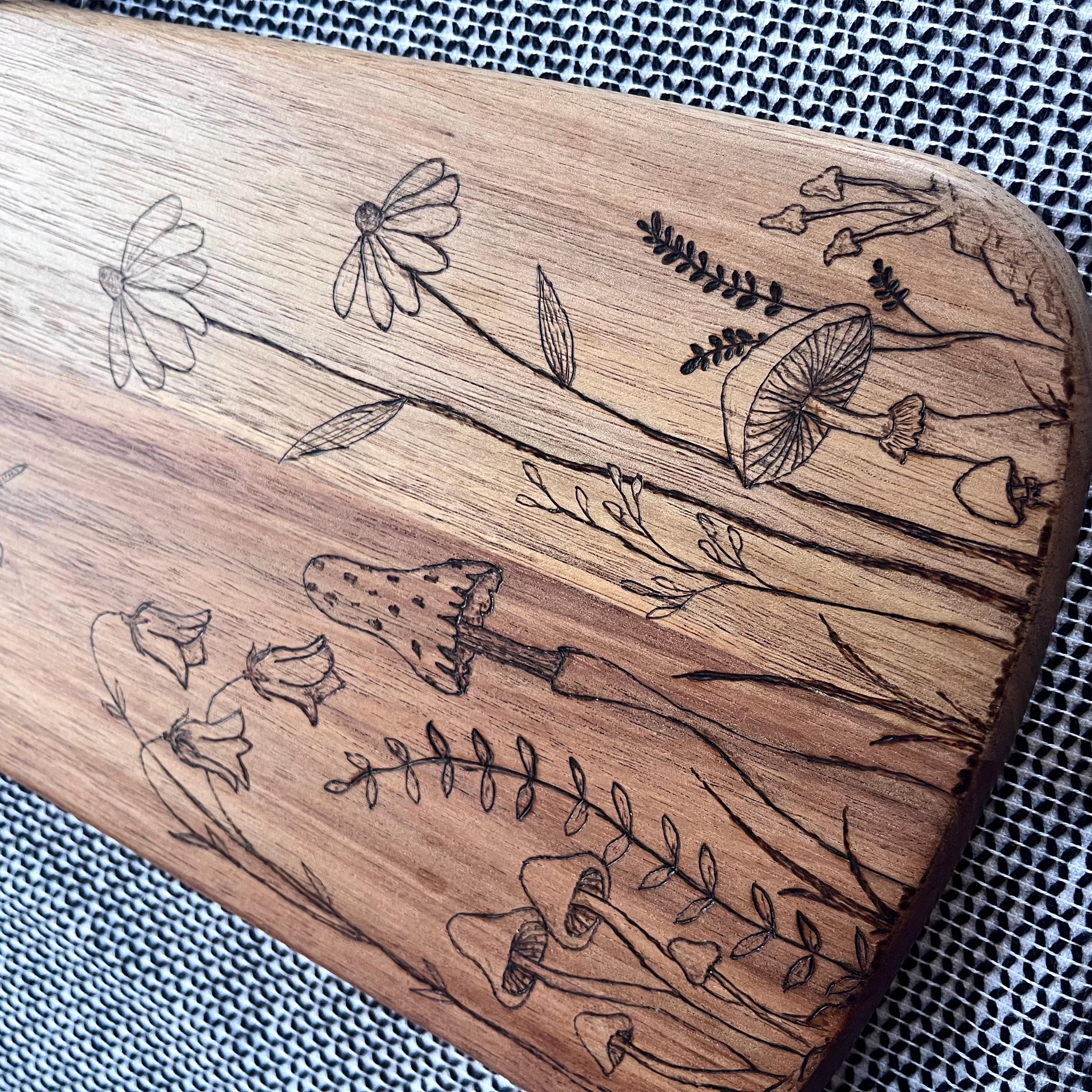 Cutting Board, Mushrooms, Dragonfly, Flowers, Wood Burning, Pyrography ...