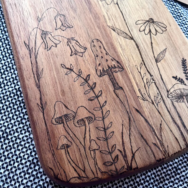 Cutting Board, Mushrooms, Dragonfly, Flowers, Wood Burning, Pyrography ...