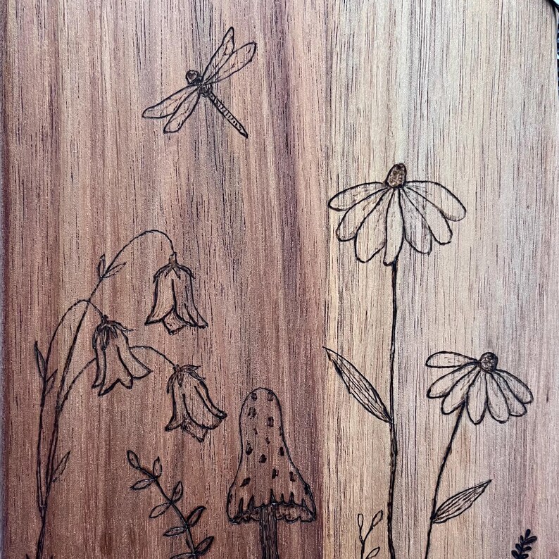 Cutting Board, Mushrooms, Dragonfly, Flowers, Wood Burning, Pyrography ...