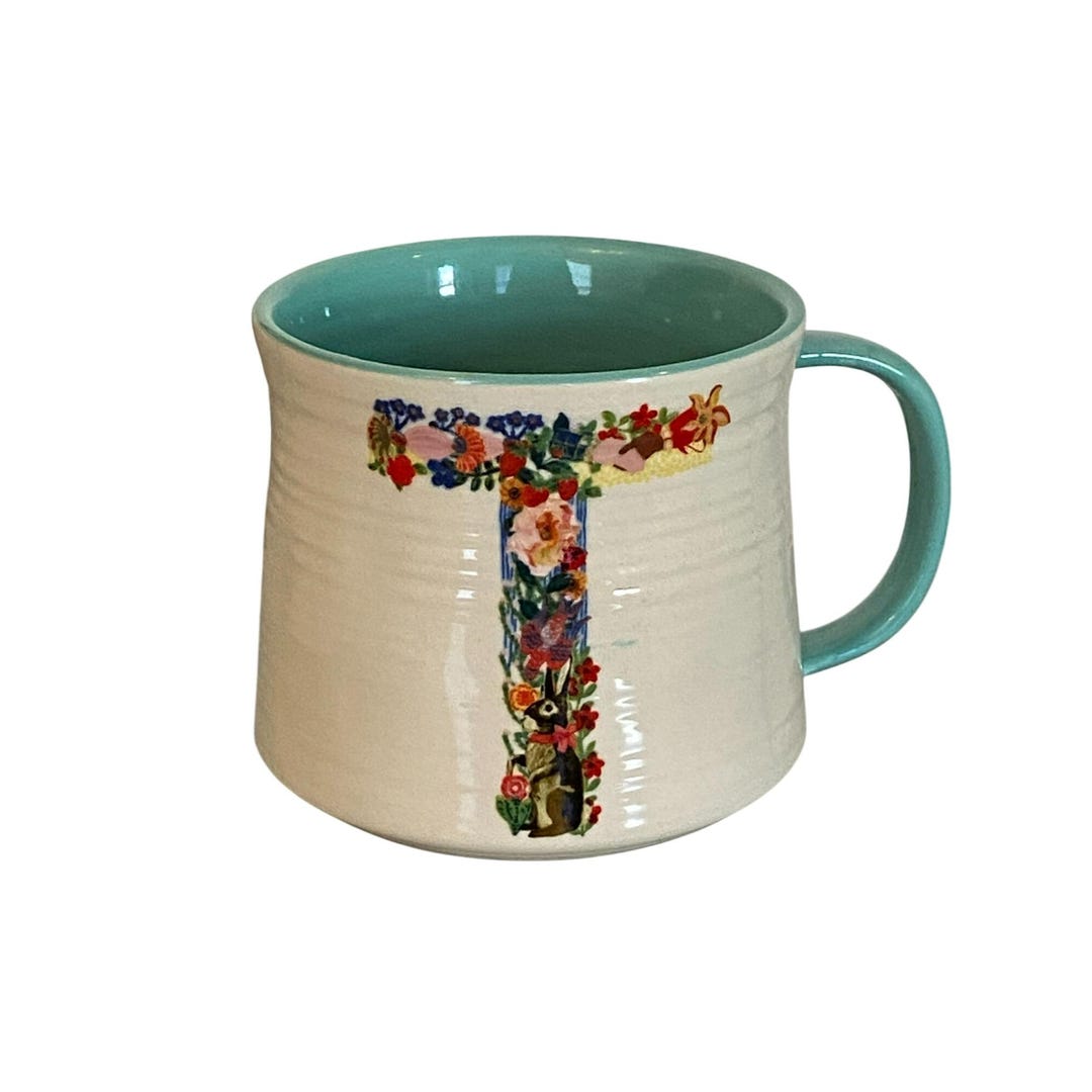 Anthropologie Nathalie Lete Mug Letter T Floral Teal Cup - Etsy