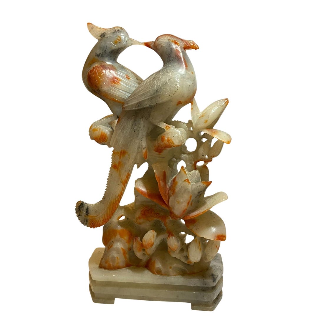 Hand-carved Soapstone Birds Sculpture With Floral Base and Orange ...