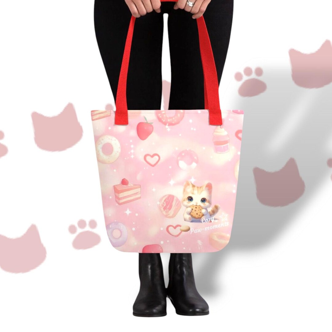 Cute Cat Cookie Tote Bag, Kawaii Dessert Tote Bag, Pink Aesthetic Tote ...