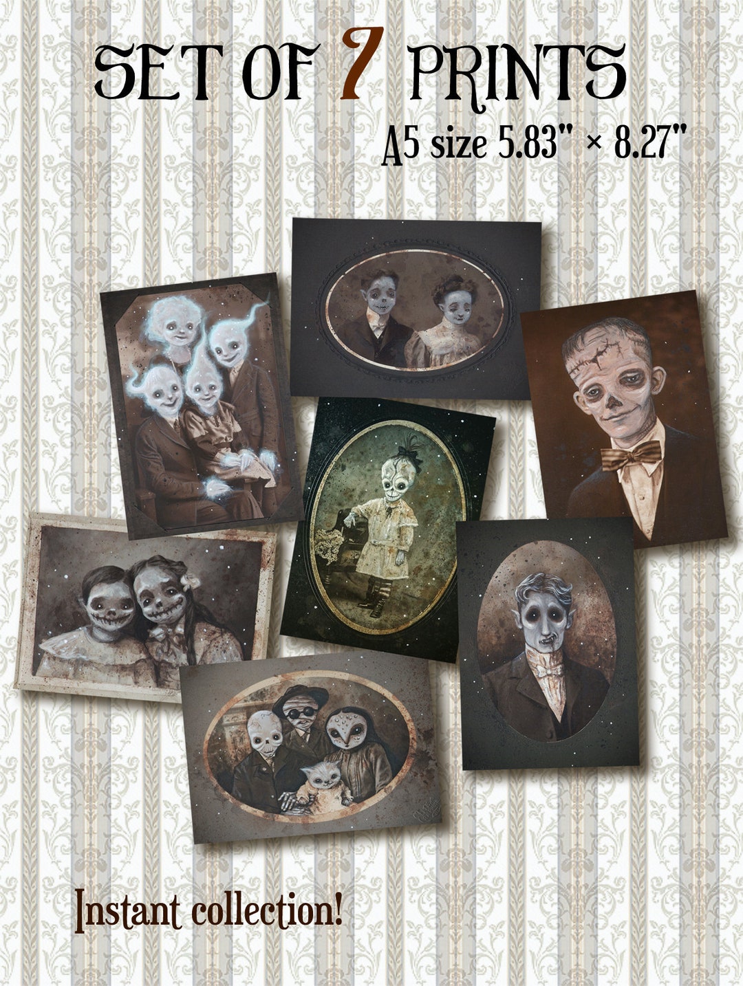 Set of 7 Prints, Halloween Set, Horror Art, Gothic Home Decor,monsters ...