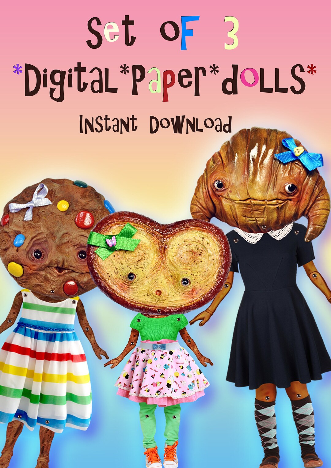 Creepy Cute Pastry Monster Paper Dolls – Set of 3 Articulated ...