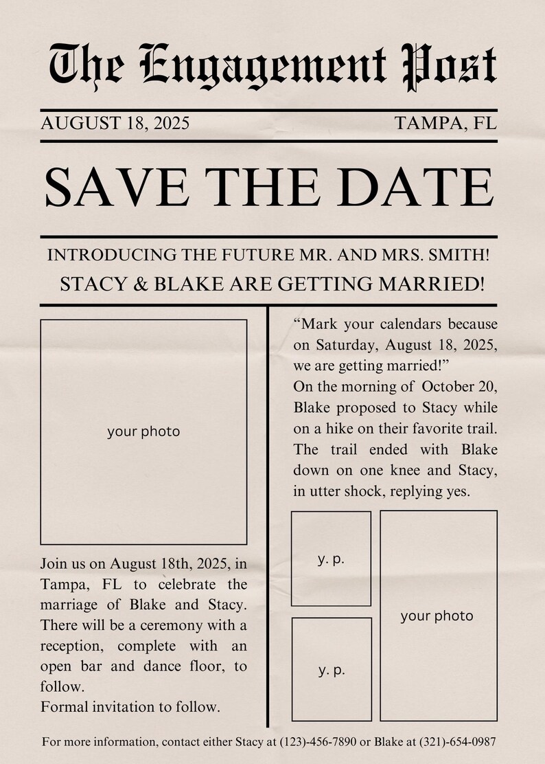 Newspaper-inspired Digital Printable Invitation/save-the-dates (with ...