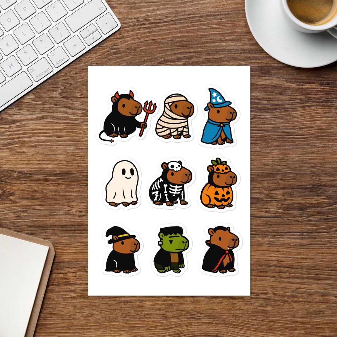 Halloween Capybara Sticker Sheet – Cute Spooky Capy Horror Costumes ...