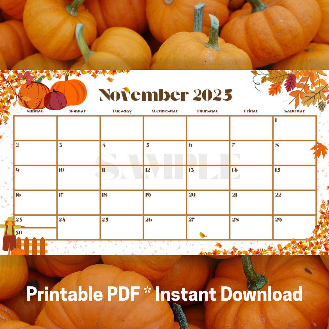 Printable November 2025 Calendar, PDF Instant Download, Aesthetic Fall ...