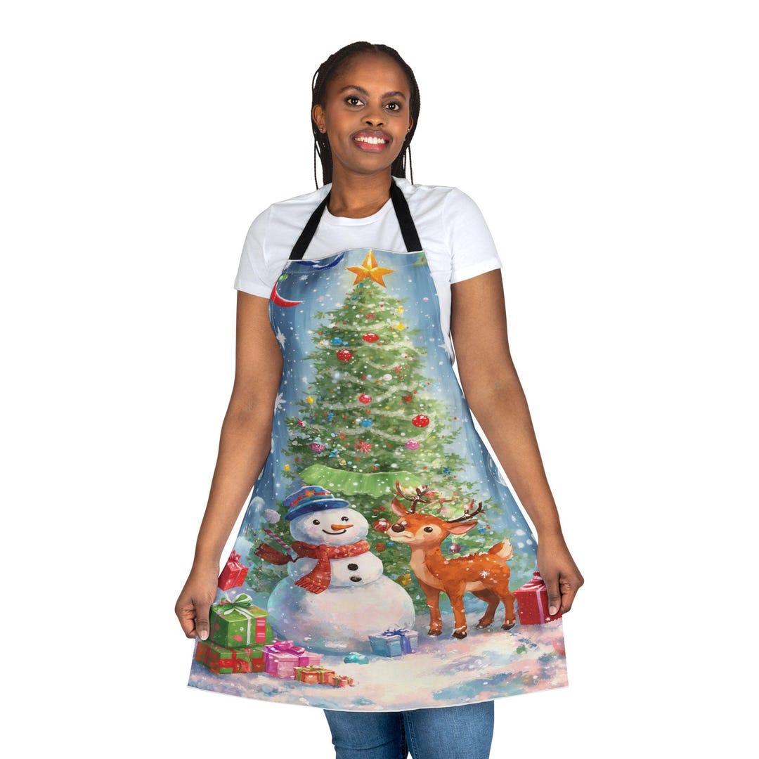 Snowman and Reindeer Christmas Tree Apron | Holiday Kitchen Apron - Etsy