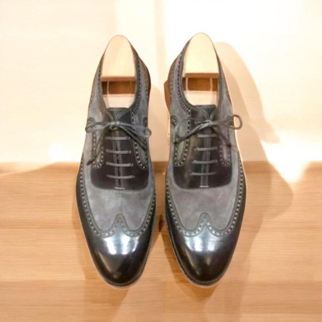 Handmade Leather Oxford Wingtip Shoes: Black & Gray Suede - Etsy