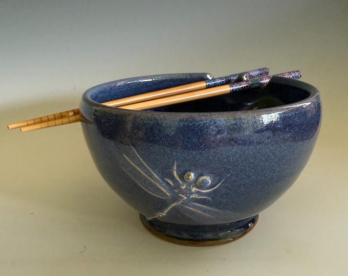 Handmade Pottery Ramen Bowl With Chopsticks, Sky Blue Dragonfly Design ...