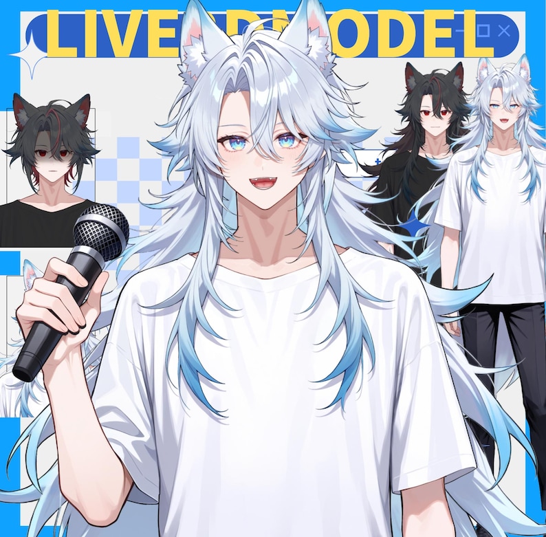 Live2d Model: White Black Hair Wolf-eared Idol Man – Vtuber Model FULLY RIGGED - Ready to Use ...