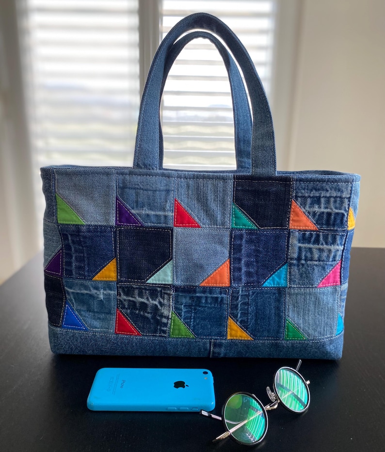 Original Patchwork Handbag in Jeans and Cotton Fabric Scraps With ...