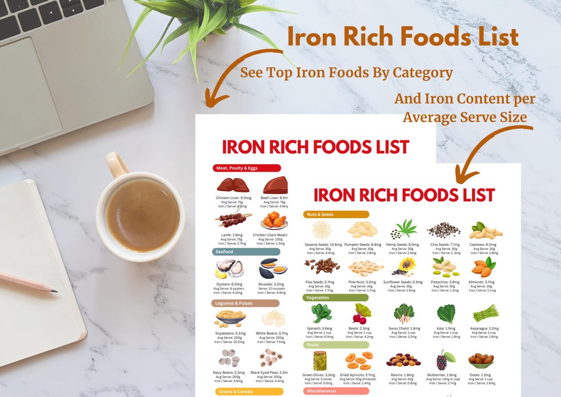 High Iron Food List Iron Rich Food Guide & Checklist Perfect for Anemia ...