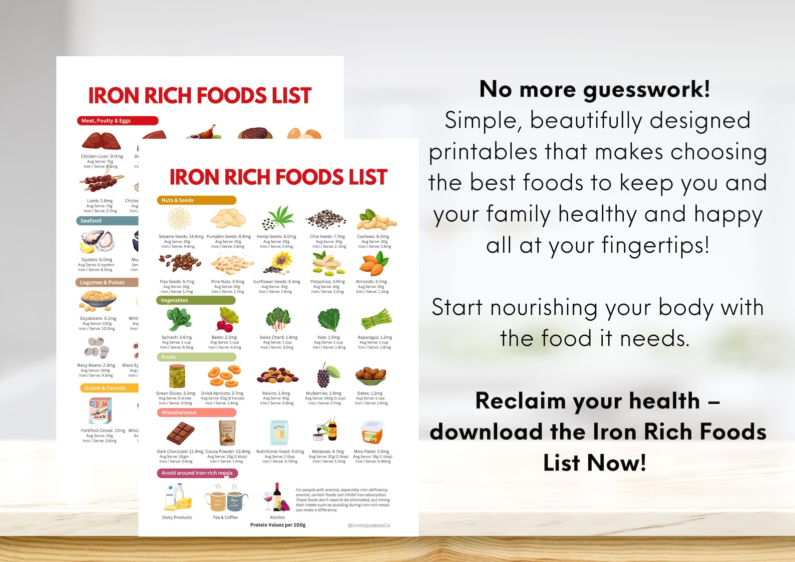 High Iron Food List Iron Rich Food Guide & Checklist Perfect for Anemia ...