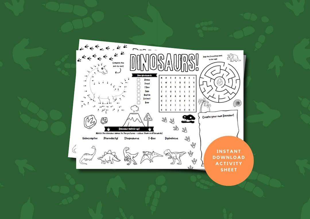 Dinosaur Printable Activity Sheet Placemat, Kids Dinosaur Colouring ...