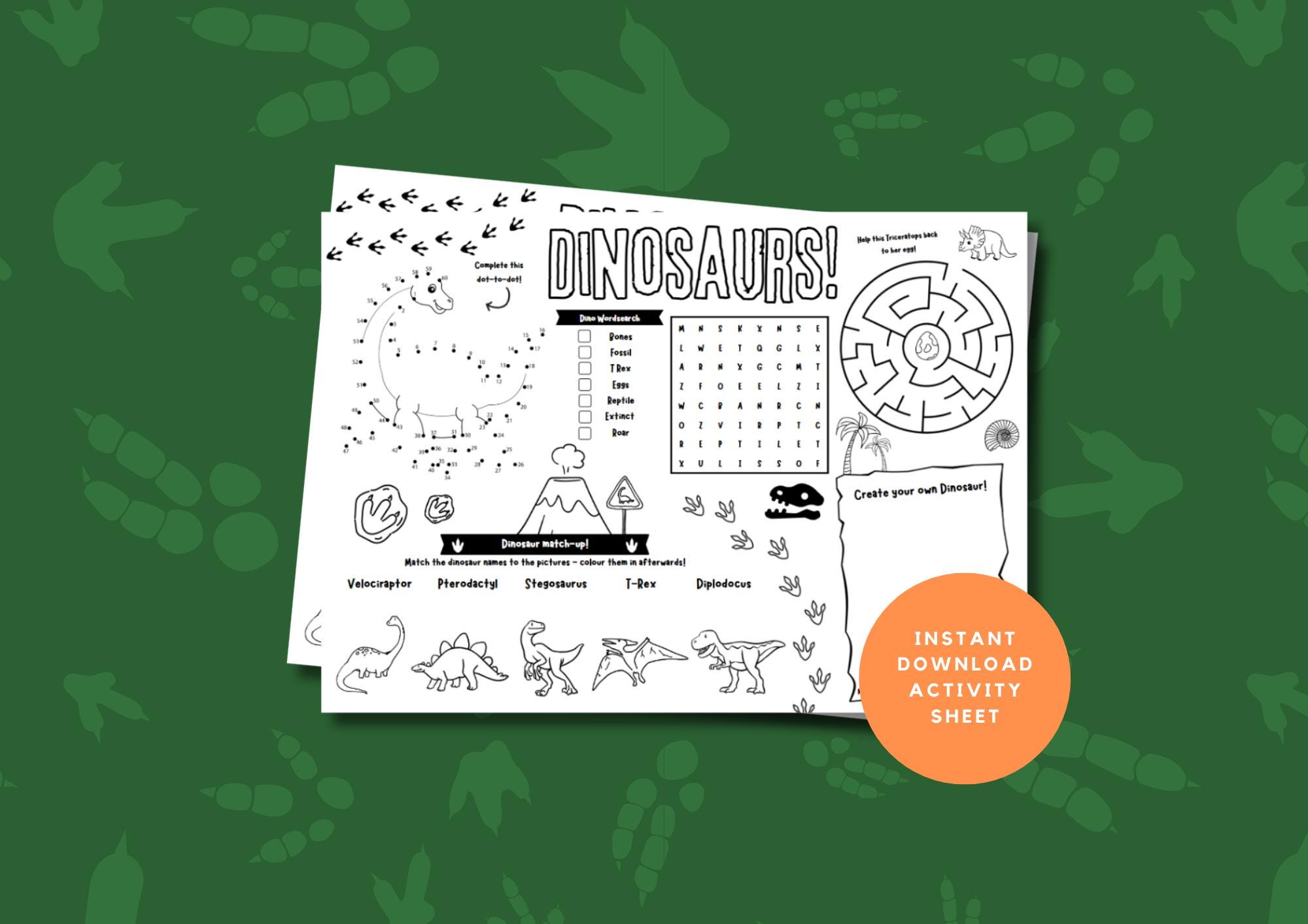 Dinosaur Printable Activity Sheet Placemat, Kids Dinosaur Colouring ...