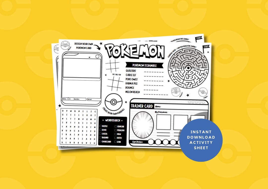 Pokémon Inspired Printable Activity Sheet Placemat, Pokémon Colouring ...