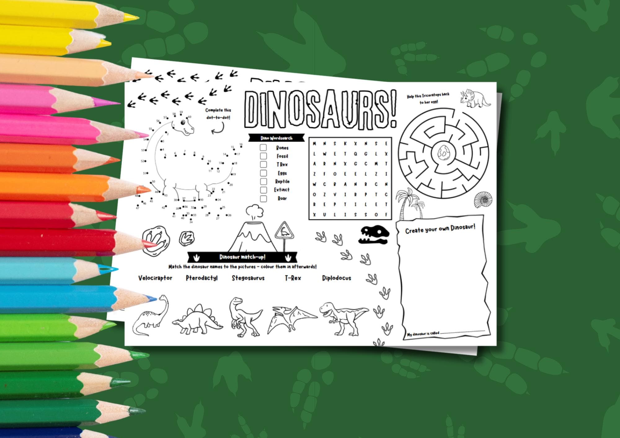 Dinosaur Printable Activity Sheet Placemat, Kids Dinosaur Colouring ...