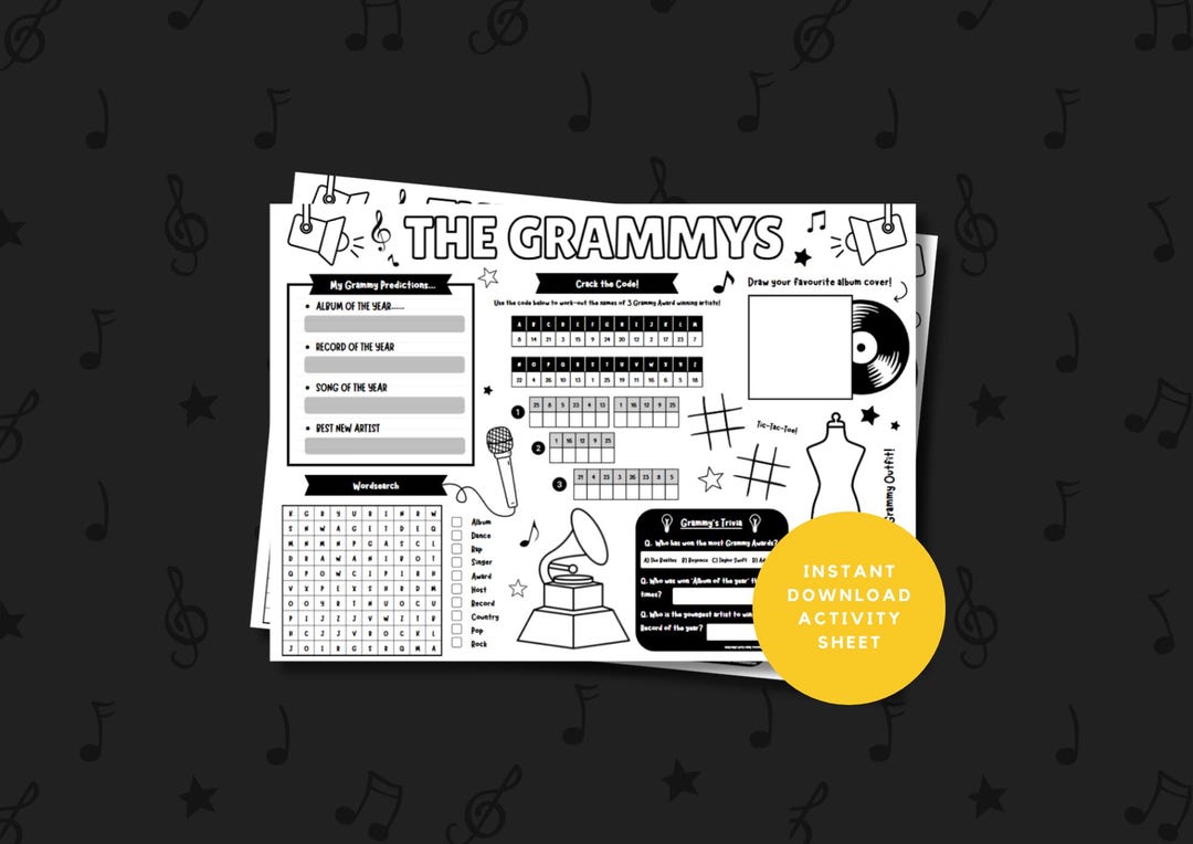 Grammys 2025 Inspired Printable Kids Activity Sheet Placemat, Grammy ...