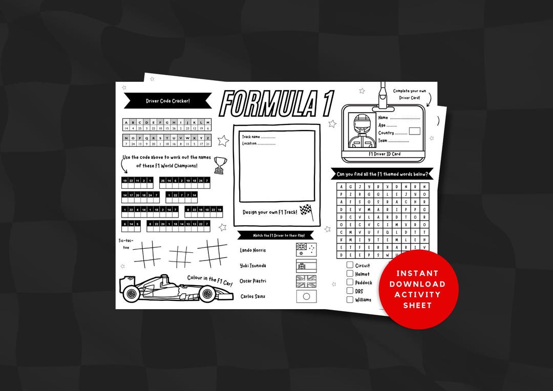 Formula 1 F1 Inspired Printable Activity Sheet Placemat, F1 Formula 1 ...