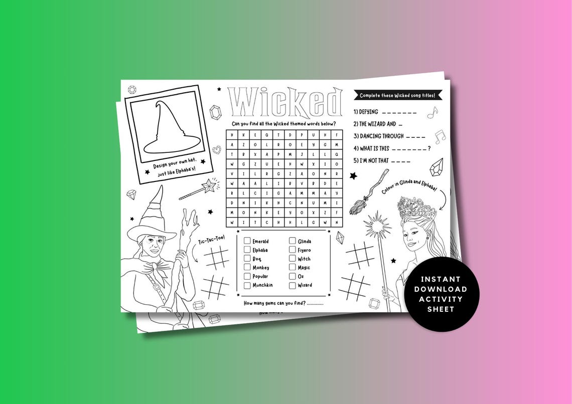 Wicked Film Musical Inspired Printable Activity Sheet Placemat, Wicked ...