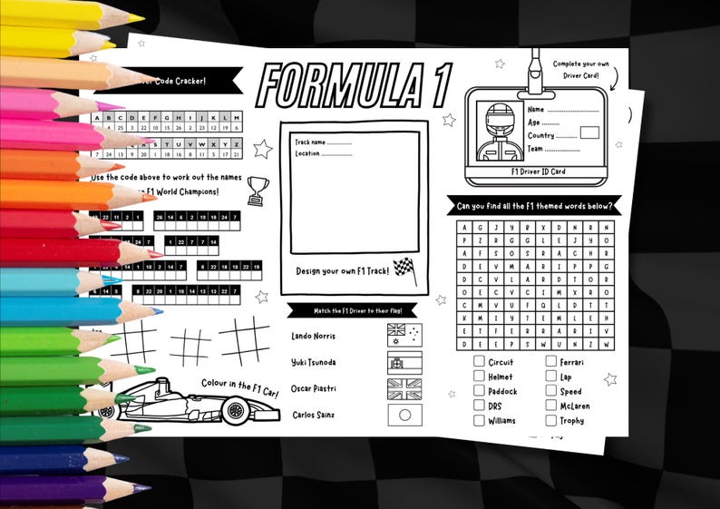 Formula 1 F1 Inspired Printable Activity Sheet Placemat, F1 Formula 1 ...