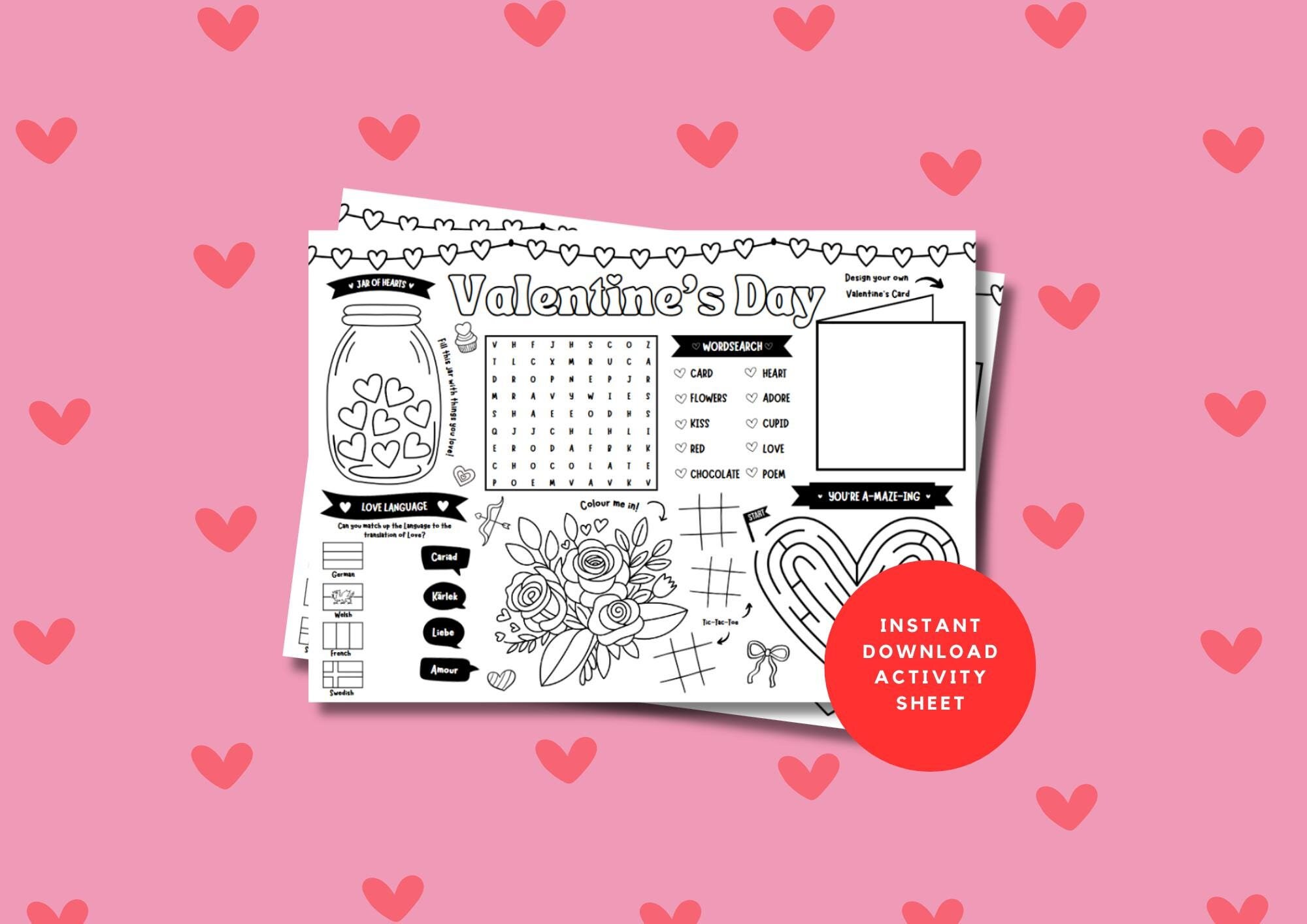 Valentines Day Printable Activity Sheet Placemat, Valentines Colouring ...