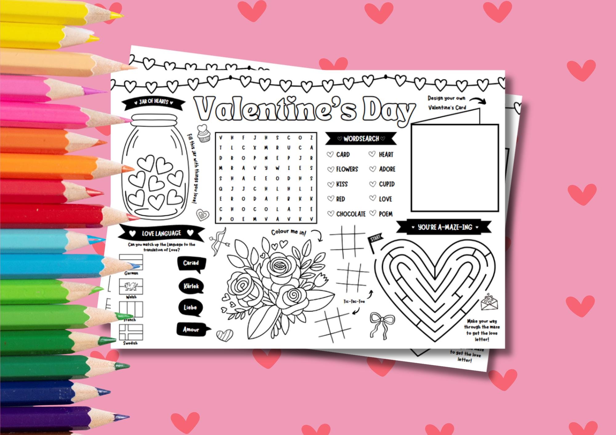 Valentines Day Printable Activity Sheet Placemat, Valentines Colouring ...