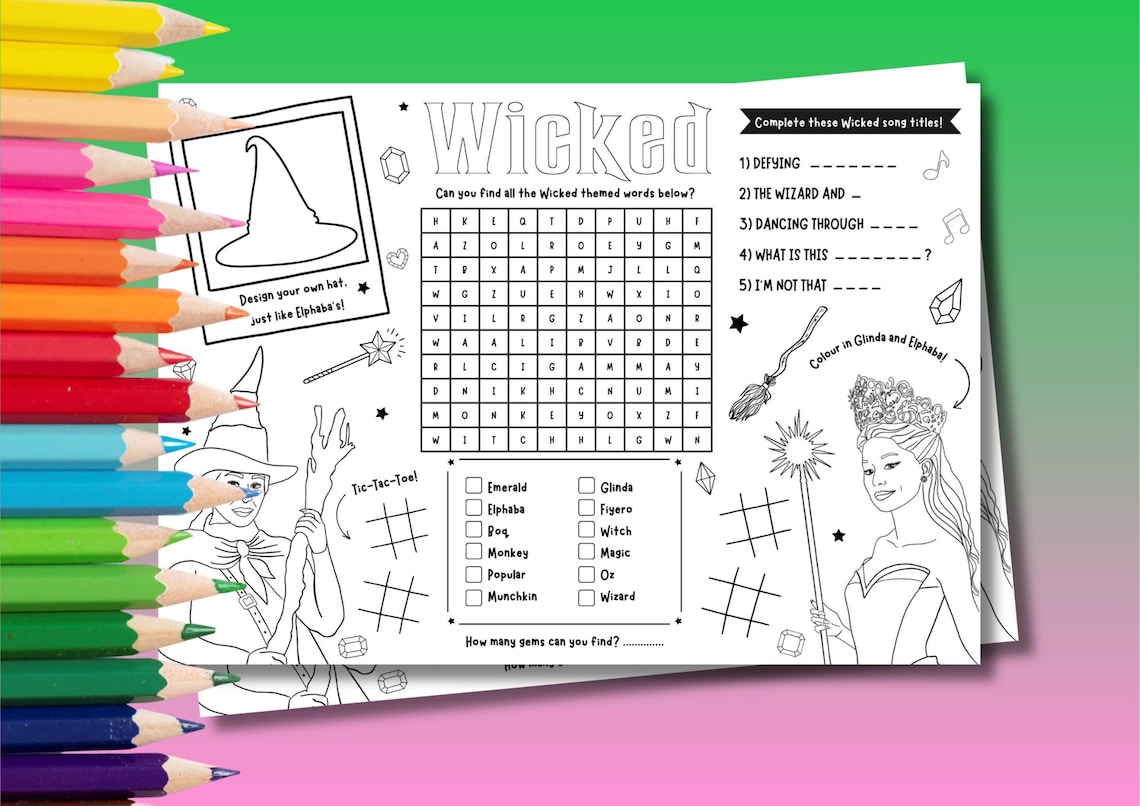 Wicked Film Musical Inspired Printable Activity Sheet Placemat, Wicked ...