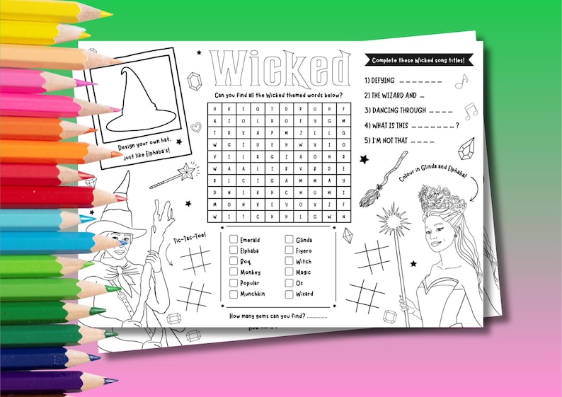 Wicked Film Musical Inspired Printable Activity Sheet Placemat, Wicked ...