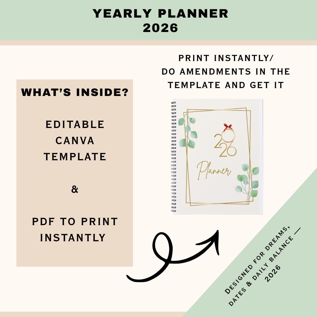 2026 Yearly Planner | Printable, Editable Canva Template (PDF Download ...