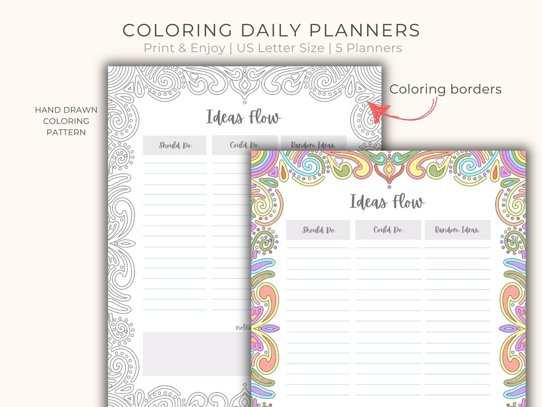 Coloring Daily Planner Pack Zentangle Border Printable PDF | US Letter ...