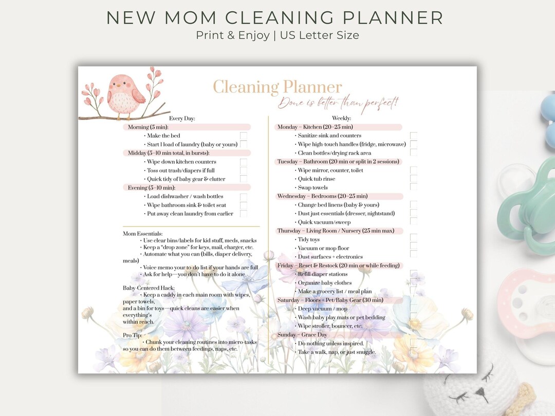 New Mom Cleaning Planner Printable PDF, Realistic Organization Tasks ...