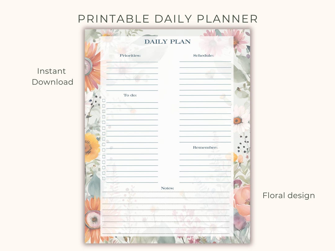 Floral Daily Planner, Printable to Do List, Priorities, Schedule, PDF US Letter Digital Download ...