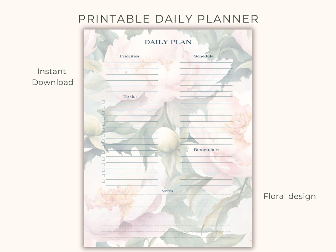 Floral Daily Planner, Printable to Do List, Priorities, Schedule, PDF US Letter Digital Download ...