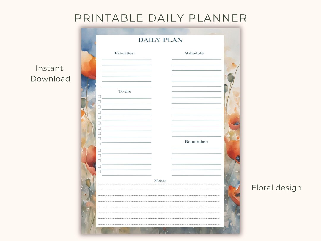Floral Daily Planner, Printable to Do List, Priorities, Schedule, PDF US Letter Digital Download ...