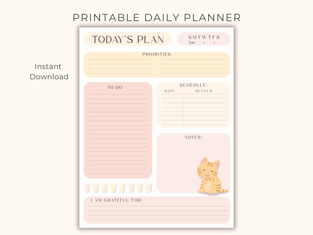 Cat Printable Daily Planner, Today's to Do List, Priorities, Schedule ...